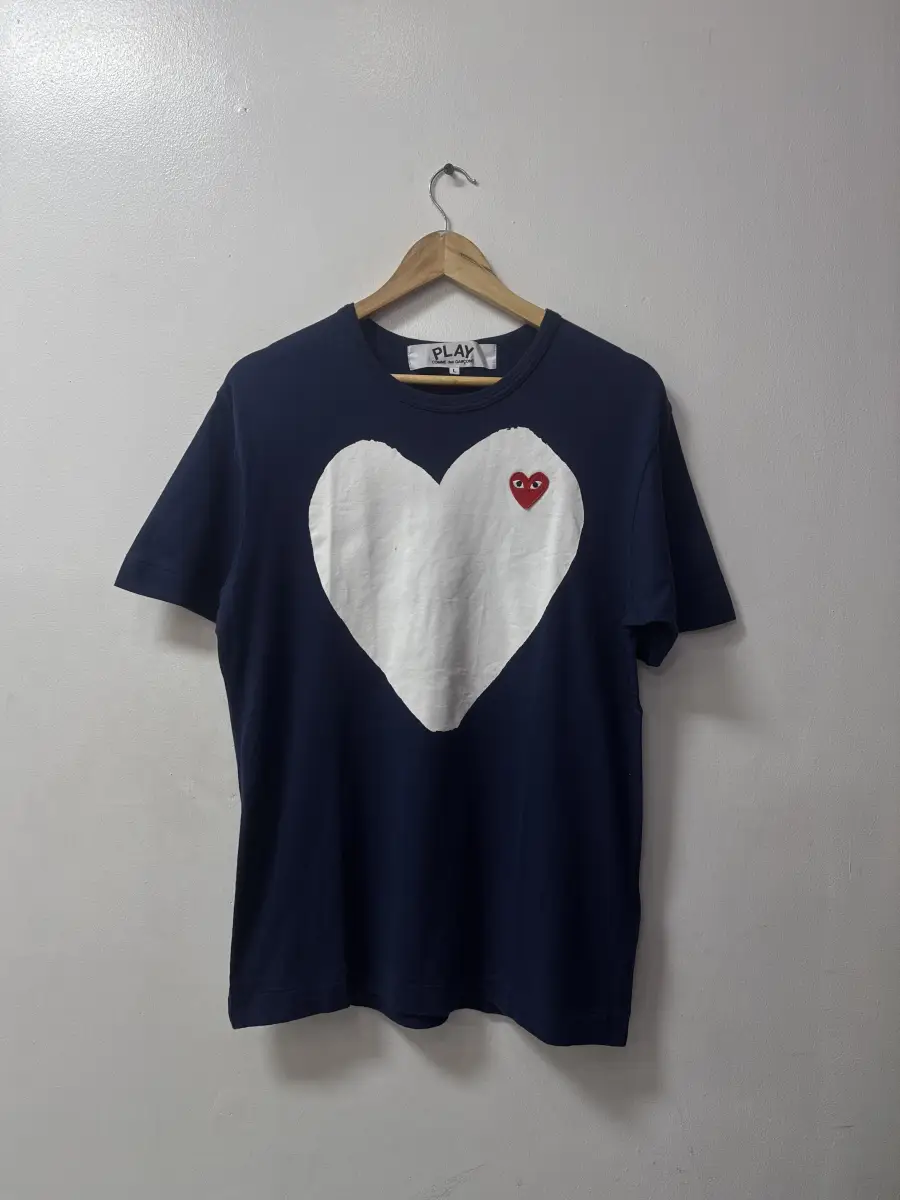 CDG Play White Heart Logo Patch Navy Blue Tee | AfterMarket